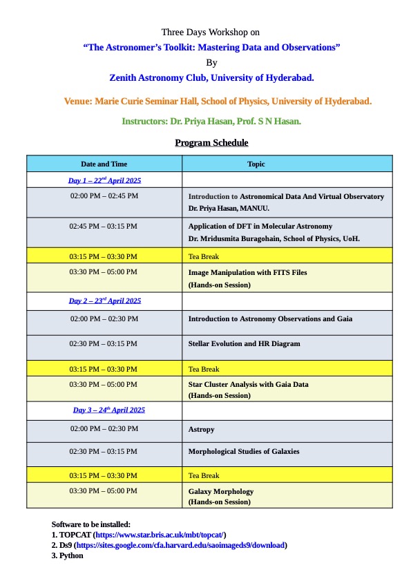 Registrations for Workshop - 'The Astronomer’s Toolkit' – Zenith